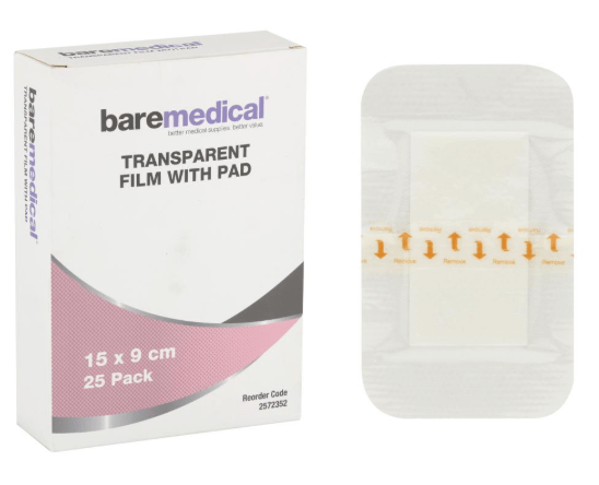 BareMedical Transparent Film Dressing with Pad 15x9cm Sterile-Box 25